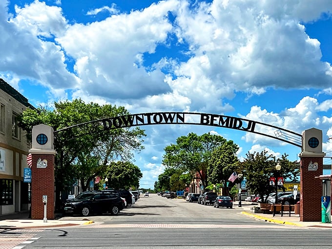 Bemidji's welcoming downtown arch invites visitors to explore a city where retirement dollars stretch like taffy.