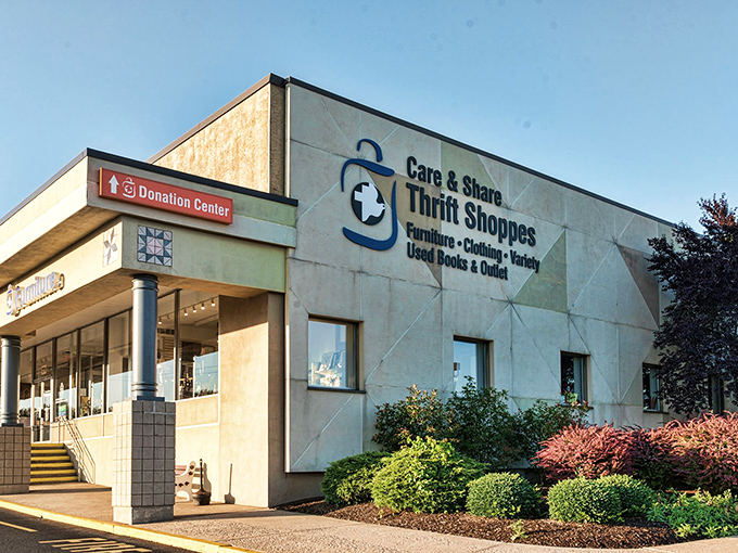 Care & Share's modern exterior hints at the organized wonderland inside. This isn't your grandmother's cluttered thrift store!