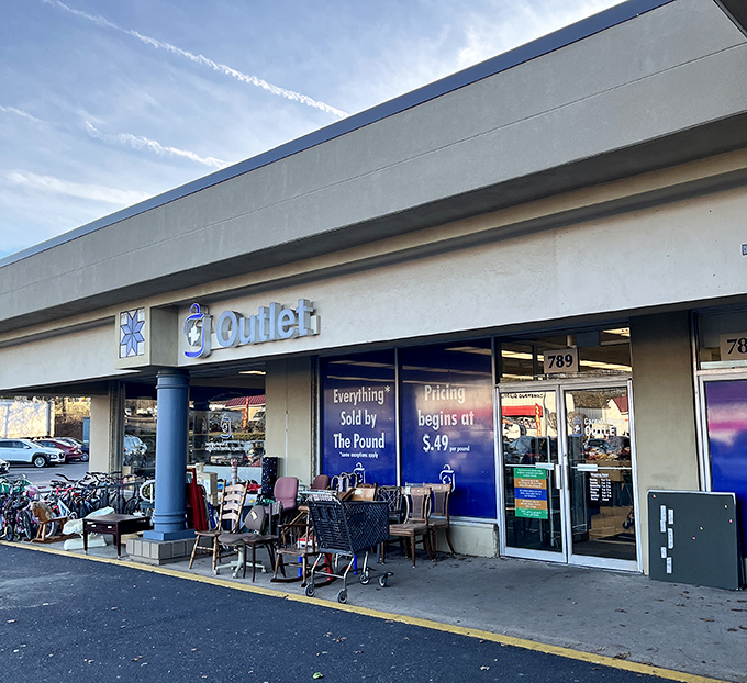 Outside the Goodwill Outlet, rows of chairs, carts, and bicycles hint at the treasure hunt waiting inside&mdash;where everything&rsquo;s sold by the pound.