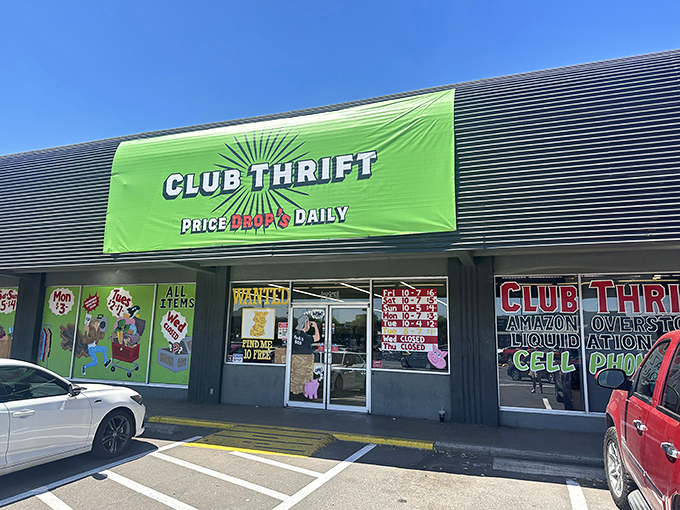 Club Thrift's electric green banner practically vibrates with excitement. "PRICE DROPS DAILY" is music to a bargain hunter's ears!