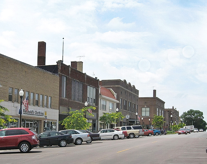 Denison's main street stretches toward the horizon like a timeline of American architecture. Those storefronts have stories to tell!