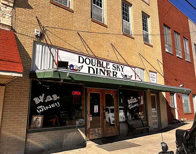 Double Sky Diner's historic brick building and vintage sign speak of simpler times. The "B.Y.O.B." windows tell you this is a place that focuses on food, not frills.