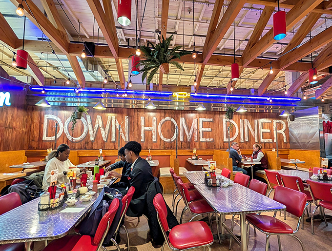 Down Home Diner's wooden interior brings rustic charm to Philadelphia's historic Reading Terminal Market.