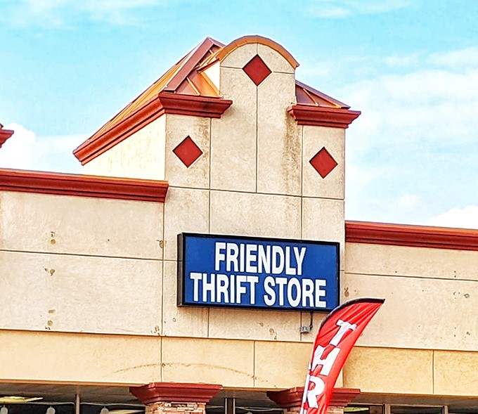 With those charming red diamond accents, Friendly Thrift Store looks like it should be selling royal jewels instead of royal bargains.