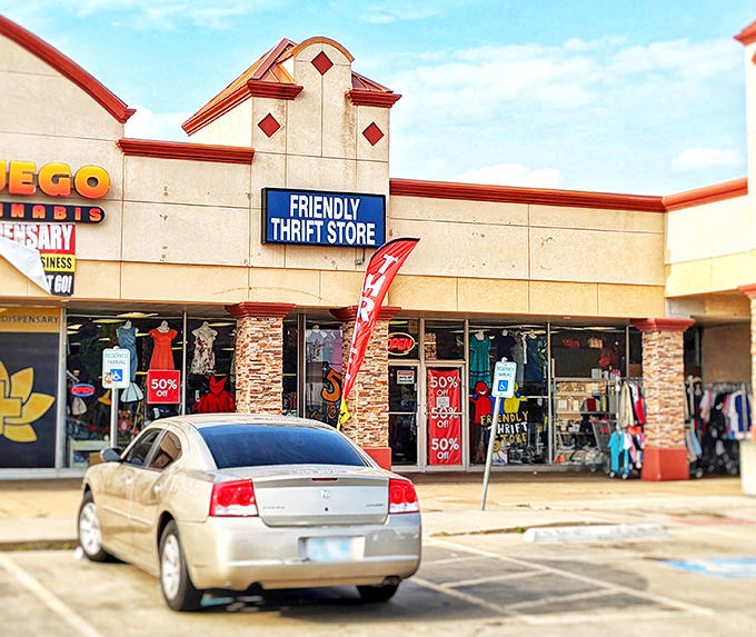 Friendly Thrift's welcoming storefront stands ready for treasure hunters &ndash; the 50% off signs are just a bonus!