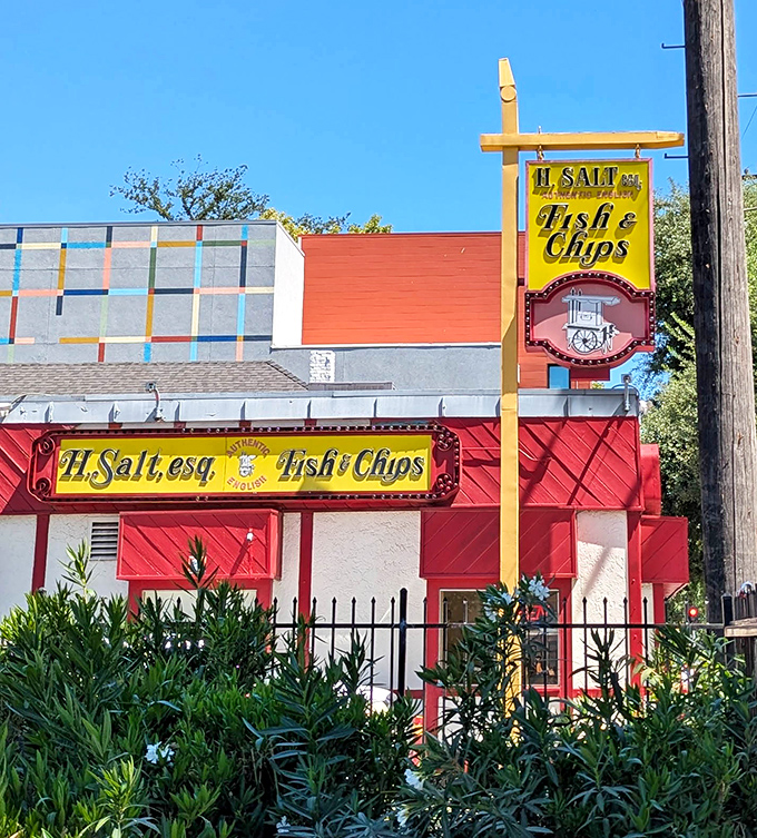 H Salt's vibrant red building and cheerful yellow sign stand out like a beacon for fish and chips enthusiasts seeking British-style perfection.