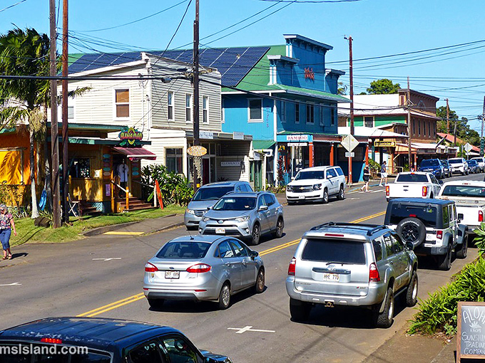 Hawi's vibrant buildings pop against the blue Hawaiian sky in this artistic North Kohala town.