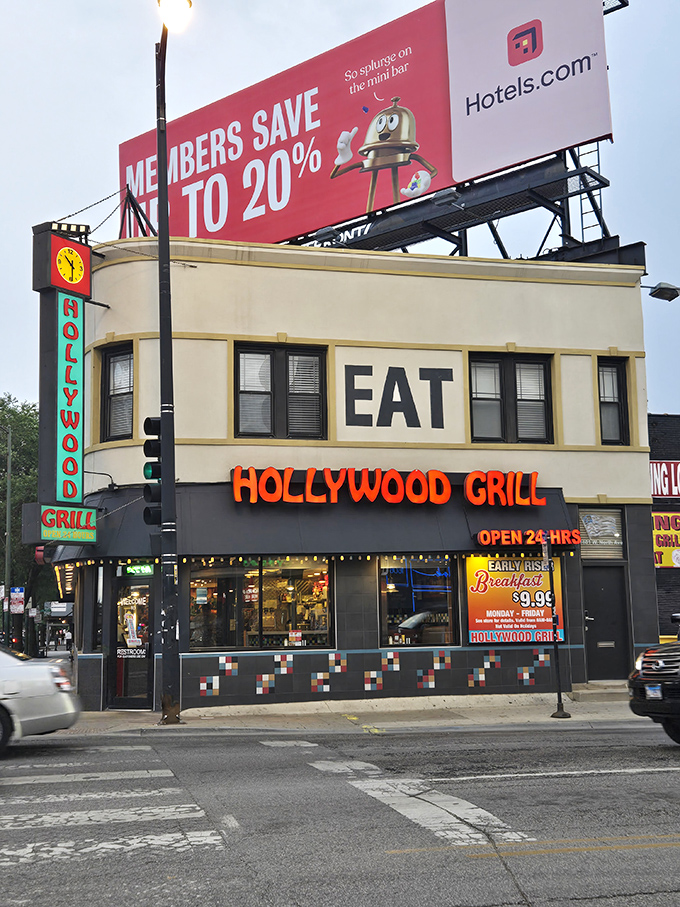 Hollywood Grill's iconic "EAT" sign cuts right to the chase. This 24-hour beacon has guided hungry Chicagoans through late nights and early mornings for generations.