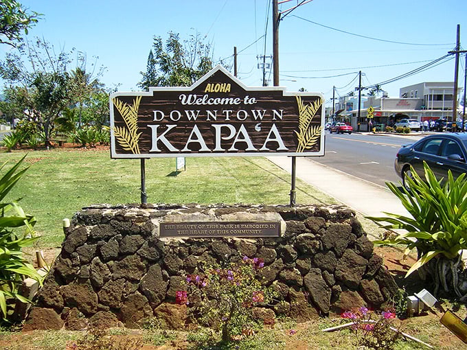 Kapaʻa's welcoming downtown sign invites you into a real town with real people, not just another expensive tourist trap.