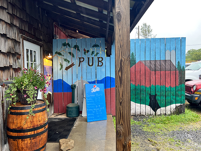 "PUB" &ndash; sometimes the simplest signs lead to the greatest discoveries. Mountain State's colorful mural sets the Appalachian scene.