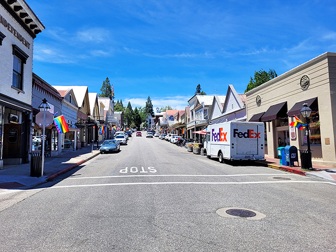 The rainbow flags of Nevada City flutter alongside historic facades, proving that Gold Country towns know how to honor both past and present.