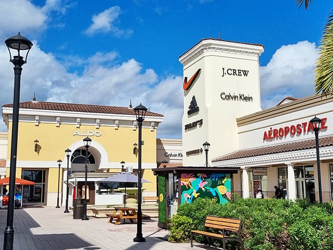 J.Crew, Calvin Klein, and Aeropostale form a trifecta of temptation. This sunny corner of Orlando International Premium Outlets spells danger for credit cards.