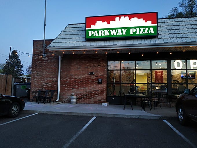 Parkway Pizza's straightforward brick building and illuminated sign promise no-nonsense pizza excellence in Roseville.
