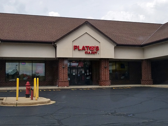 Plato's Closet's distinctive red signage promises fashion-forward finds without the fashion-forward prices.