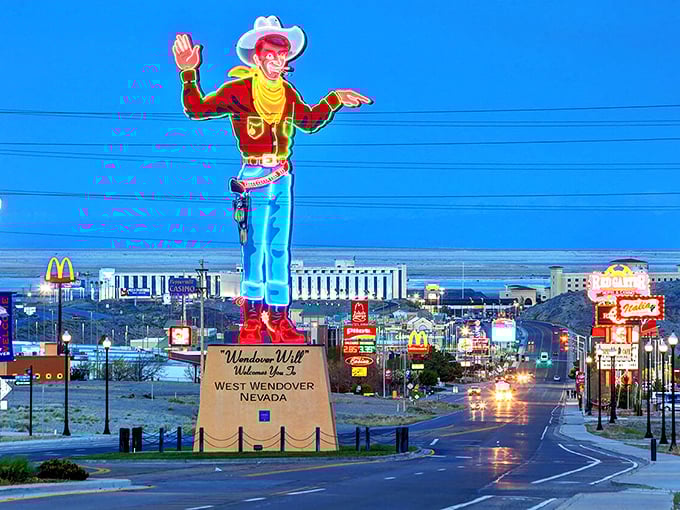 West Wendover's famous cowboy sign&mdash;where neon meets nostalgia and Social Security checks still cover the monthly bills.
