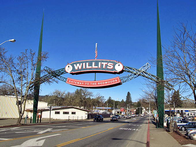 Willits announces itself with theatrical flair &ndash; that arch isn't just a gateway, it's an invitation to redwood adventures beyond.