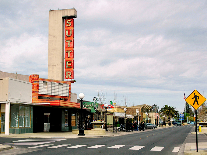 Yuba City's classic downtown theater sign glows like a beacon for anyone seeking authentic small-town American charm.