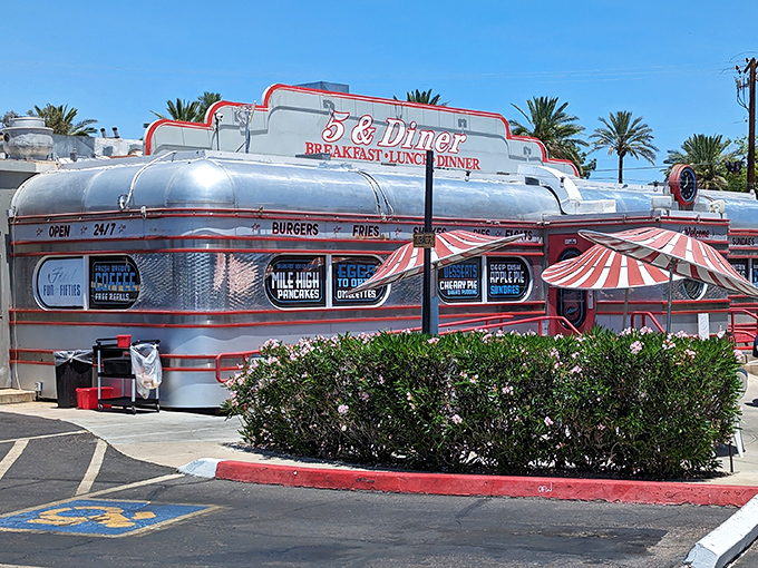 Chrome, curves, and classic diner design &ndash; 5 & Diner is what happens when the 1950s and breakfast excellence have a beautiful baby.