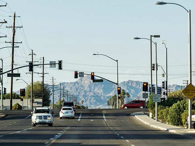 The desert highway stretches through Blythe under impossibly blue skies. Social distancing was invented here long before it was trendy.