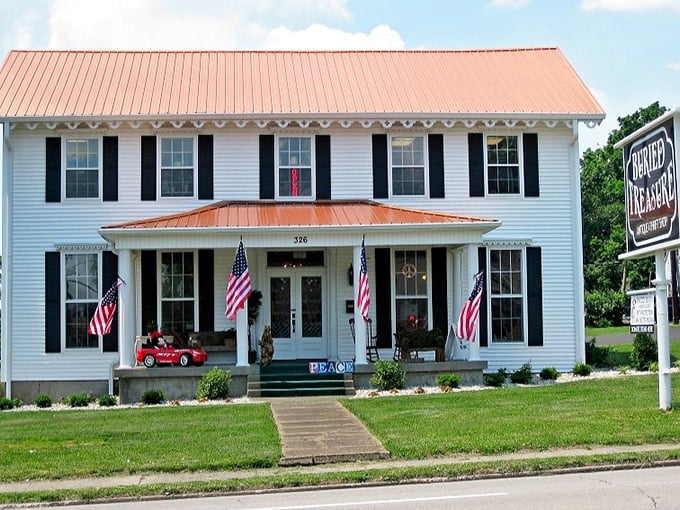 American flags flutter welcome from the porch of this house-turned-treasure-trove in Elizabethtown.