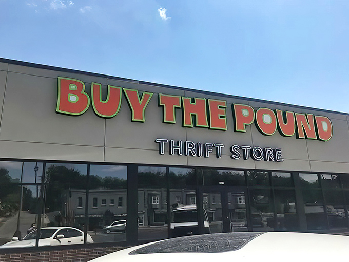 The bright green and orange signage of Buy The Pound promises a shopping experience as colorful and unique as its name suggests.