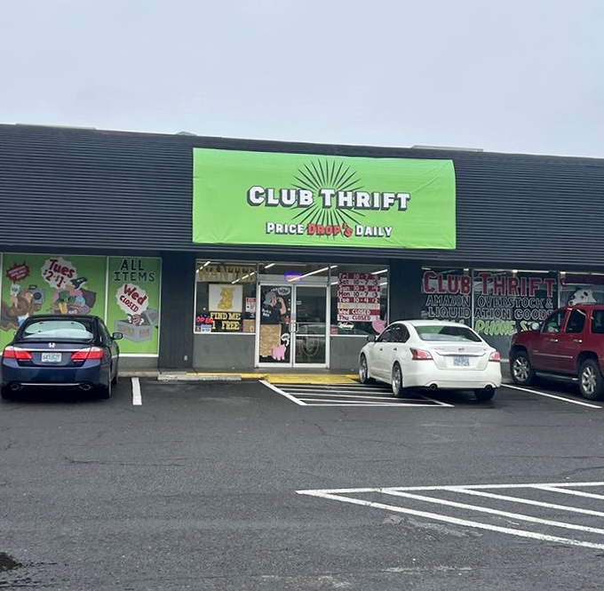 The promise of Amazon overstock treasures makes Club Thrift's modest exterior the gateway to unexpected retail adventures.