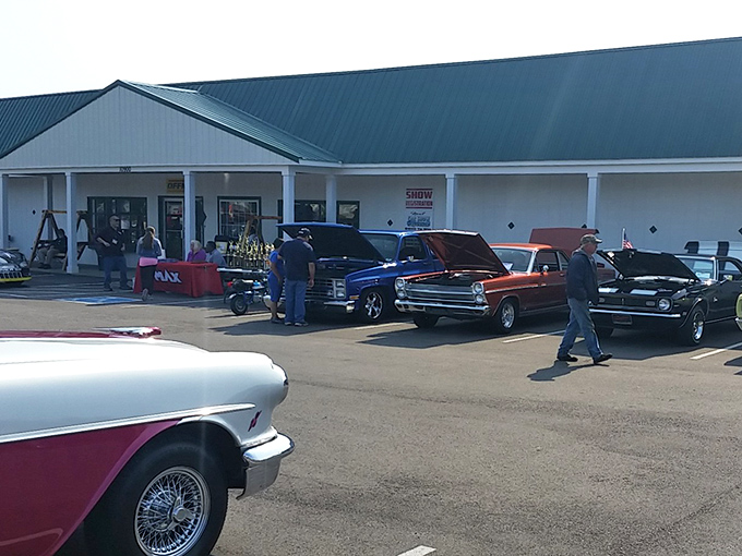 Classic cars sometimes share the spotlight at Elwood's market, where chrome bumpers gleam beside tables of treasures waiting for new homes.