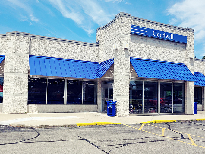 The clean lines and bright blue accents of this Goodwill location make bargain hunting feel almost upscale.