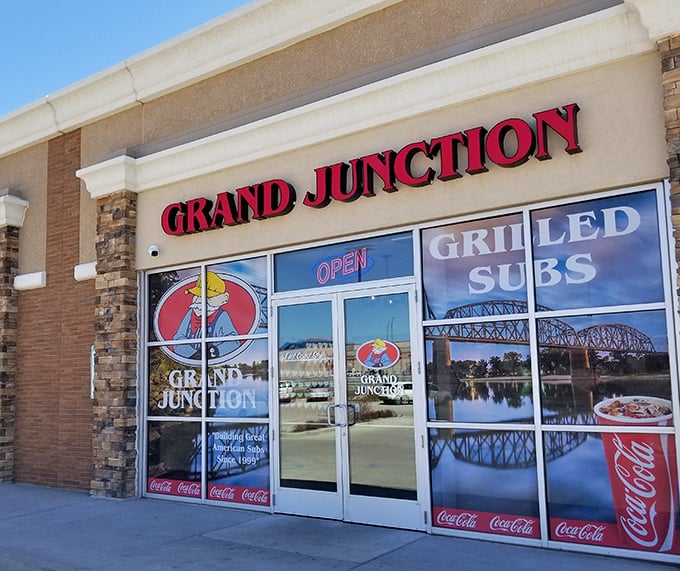 Bridges and rivers decorate Grand Junction's windows - a visual appetizer before the main sandwich event begins.