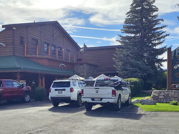 The rustic exterior of Gun Barrel hints at the primal pleasure of perfectly cooked meat waiting within its wooden walls.