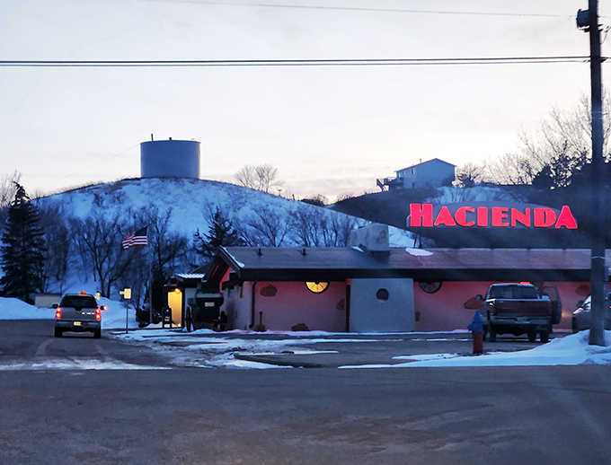 Hacienda Steakhouse: Snow-covered and still inviting, Hacienda's distinctive architecture brings a touch of the southwest to North Dakota's winter landscape.