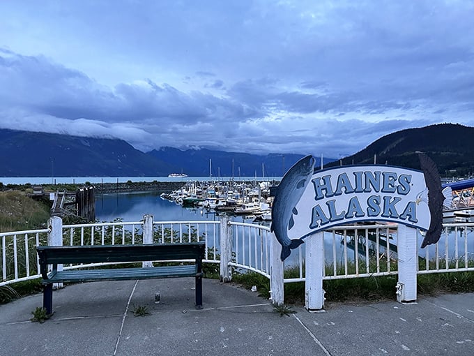 Haines welcomes visitors with a harbor sign that might as well say, "Yes, it really is this beautiful all the time."
