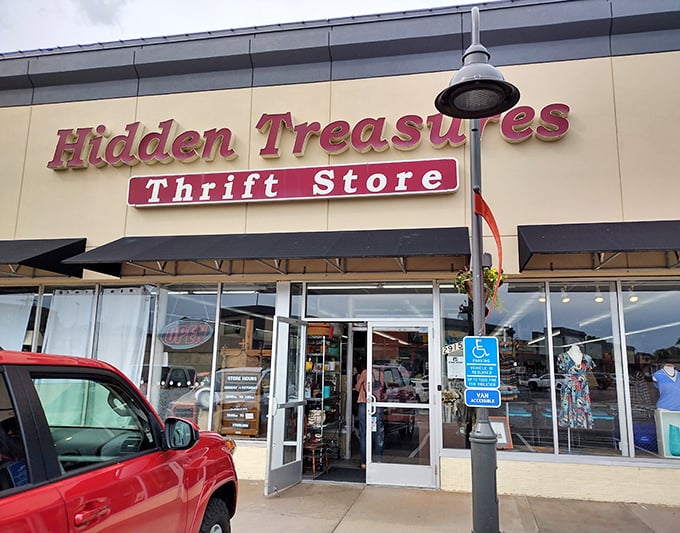 Hidden Treasures' welcoming entrance promises adventures in secondhand shopping. That open door is your portal to bargain paradise.