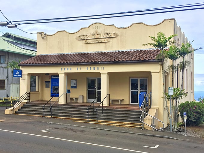 History meets small-town charm in Honoka'a's preserved downtown, where the Bank of Hawaii building has witnessed decades of island stories.