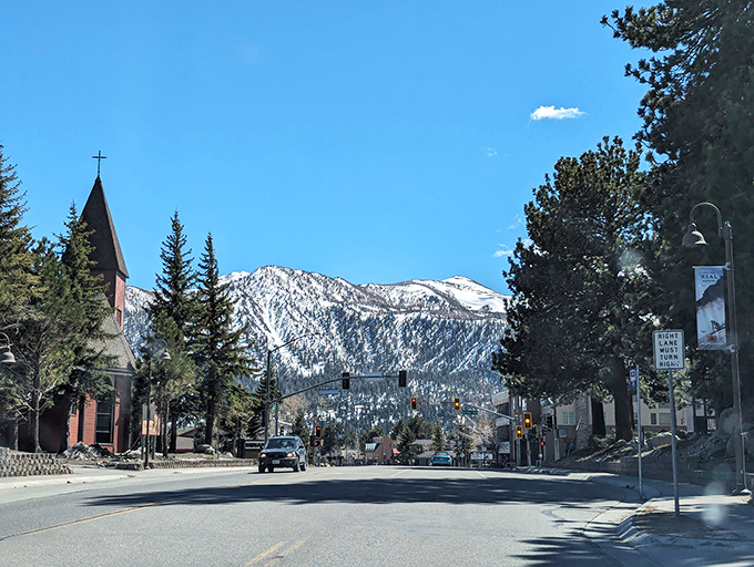 The wide streets of Mammoth Lakes offer breathing room for both body and soul, with the Eastern Sierra standing guard in the distance.