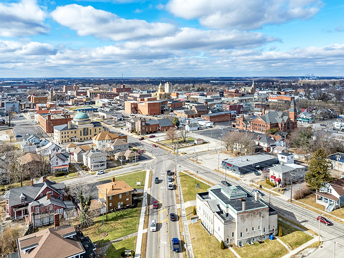 An aerial view of Marion showcases its compact downtown where retirees can enjoy small-city amenities without big-city prices.