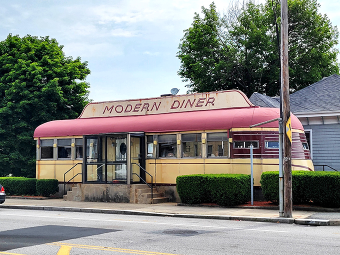 Modern Diner's vintage curves catch the morning light. This historic dining car has been serving breakfast worth getting up for since before your parents were born.