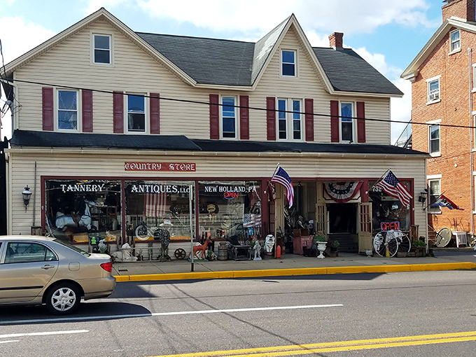 Farm equipment and silos dot the landscape around New Holland, where agriculture remains the heartbeat of the community.