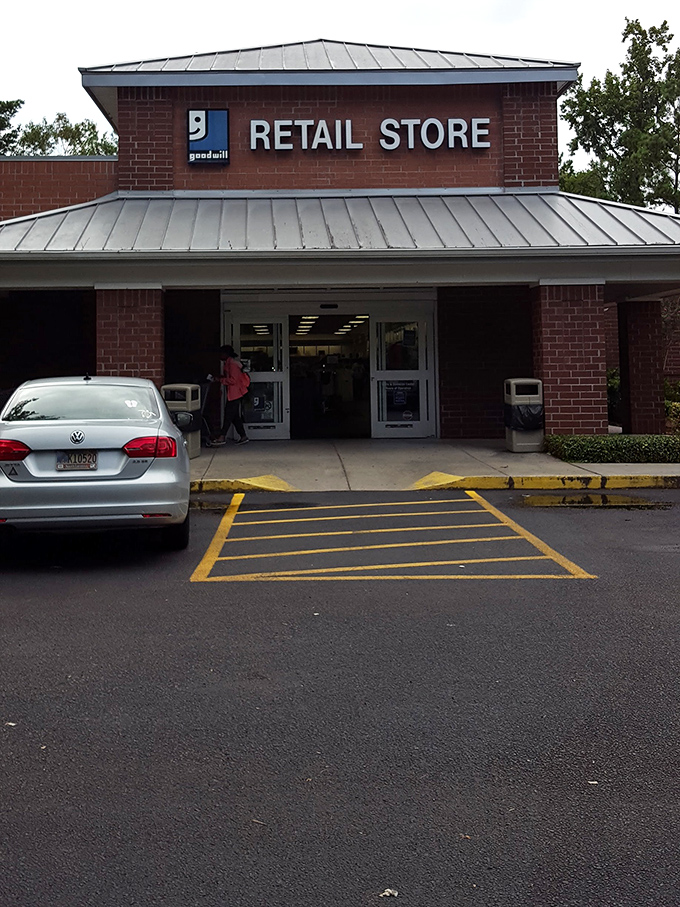 Brick facade, professional signage, and a parking lot full of eager shoppers&mdash;this is serious thrifting territory.