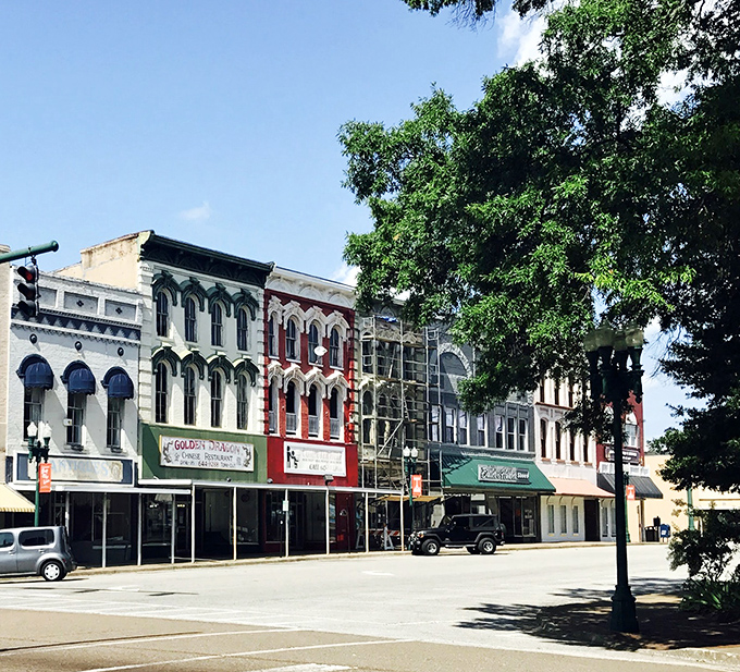 The colorful historic buildings of downtown Paris offer a vibrant backdrop for affordable small-town living.