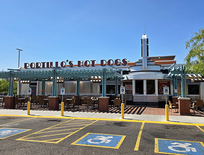 The spacious patio with its pergola offers the perfect spot for enjoying Chicago dogs under Arizona skies.