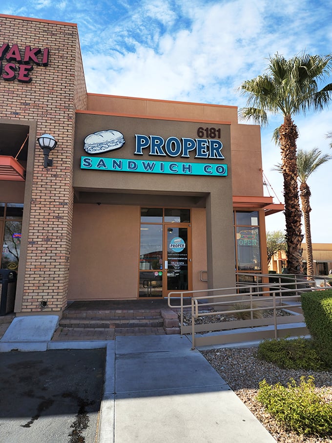 Palm trees frame Proper Sandwich Co. like nature's exclamation points emphasizing their sandwich excellence.