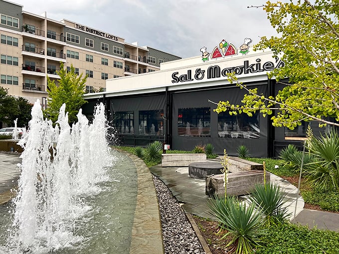 Fountains create a playful atmosphere outside Sal & Mookie's sleek pizzeria. Water and fire&mdash;the perfect pizza companions!