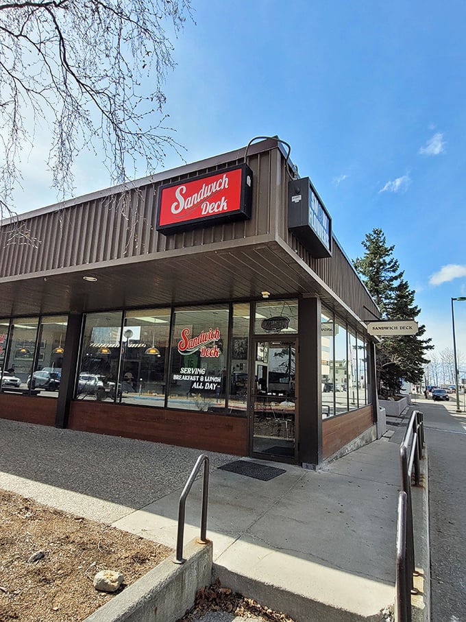 Clean lines, bright windows, and that bold red sign &ndash; Sandwich Deck looks ready to handle Anchorage's sandwich emergencies.