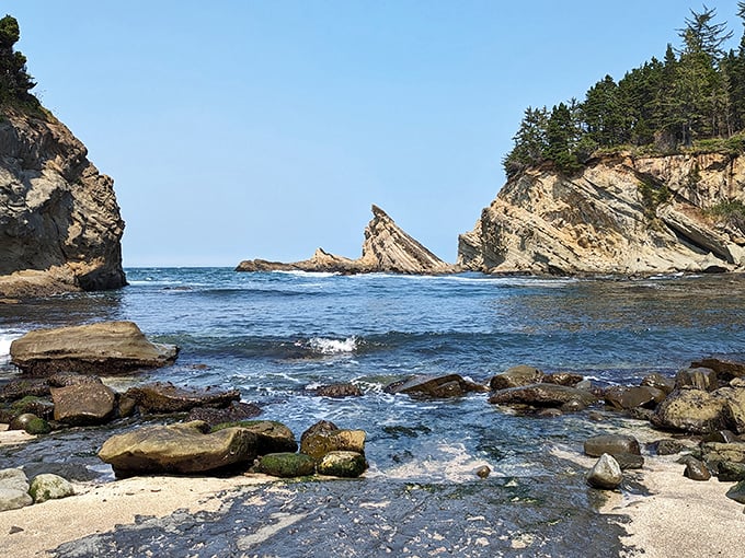 Jagged rock formations at Shore Acres create nature's sculpture garden. No admission fee required!