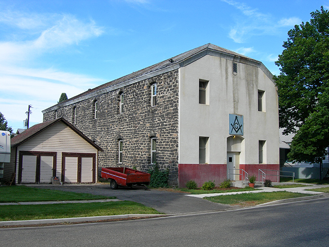 The historic Masonic building anchors Shoshone's downtown, where volcanic stone construction speaks to the area's unique geology and heritage.