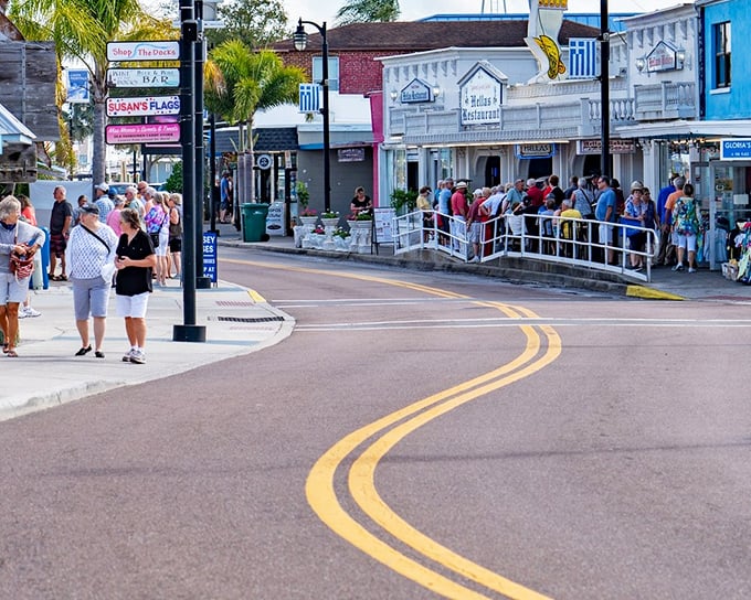 That zigzagging yellow line perfectly captures the quirky, unhurried character of a town that refuses to take itself too seriously.