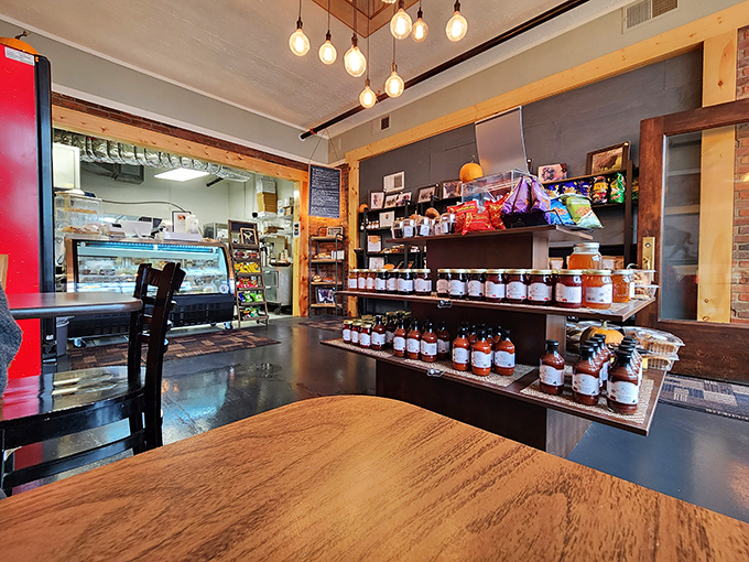 Rustic charm meets gourmet ingredients in this cozy interior. Those shelves of specialty products might make you rethink your pantry at home.