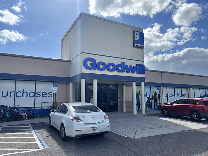Where your donations and purchases create a cycle of community support. Goodwill's bright facade welcomes all.