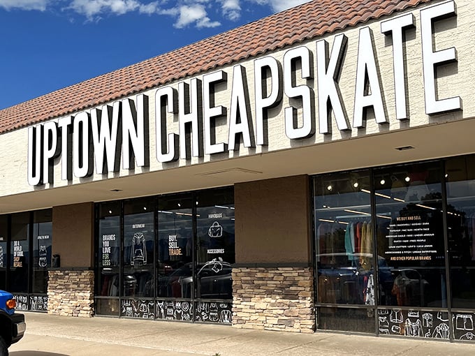 Sleek signage and stone accents give this thrift store boutique vibes. Secondhand shopping gets a stylish upgrade here.